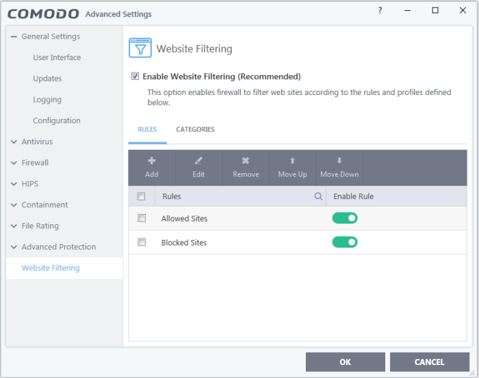 Website Filtering Configuration, Comodo Internet Security Website Filtering, COMODO